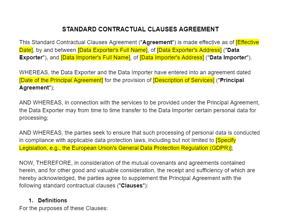 Standard Contractual Clauses Template Freshdox